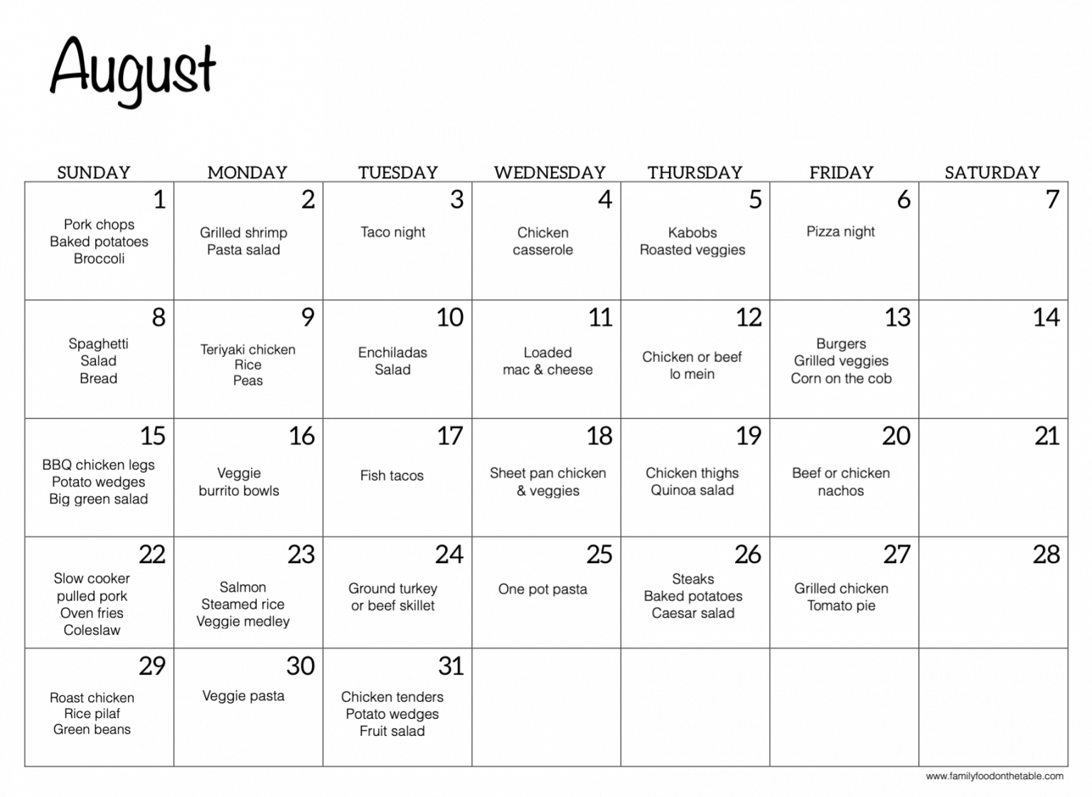August Meal Plan - Family Food on the Table