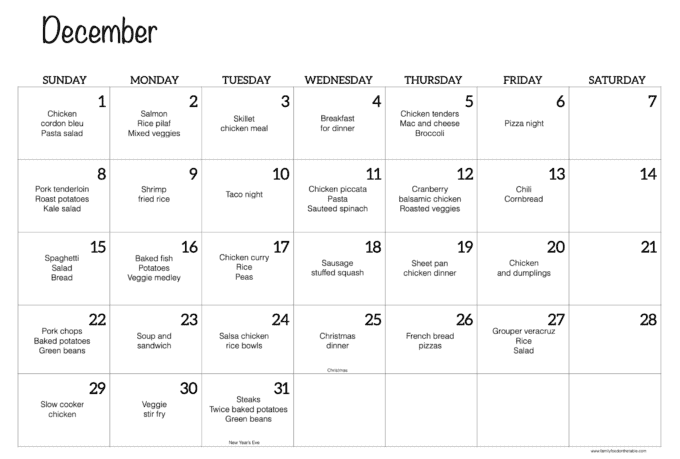 December Meal Plan - Family Food on the Table